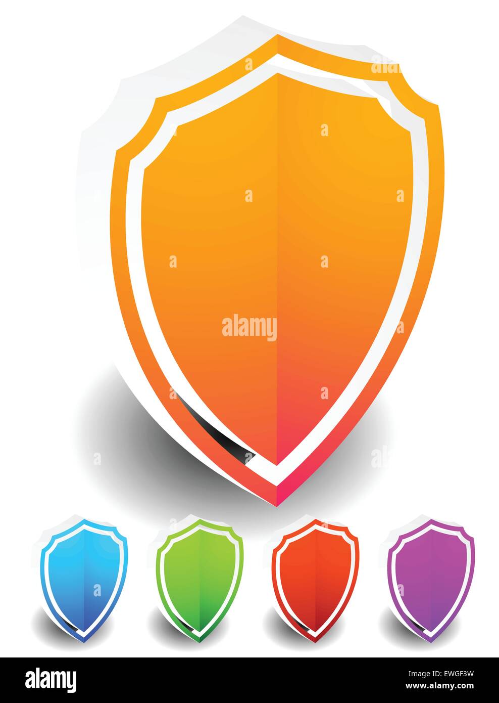 3D Bright, colorful shield shapes in 5 colors isolated on white with ...