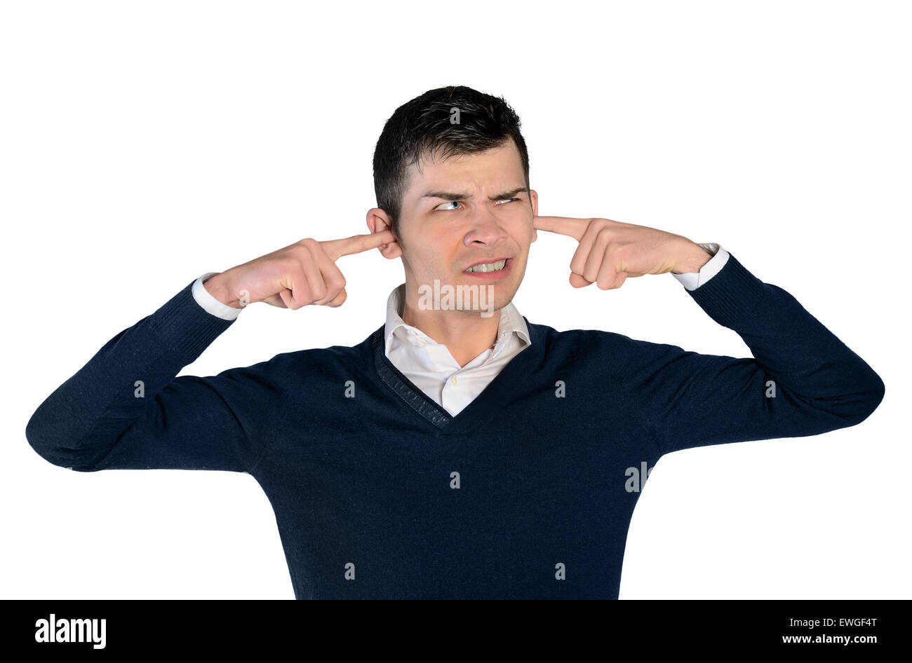 Isolated young man cover ears Stock Photo - Alamy