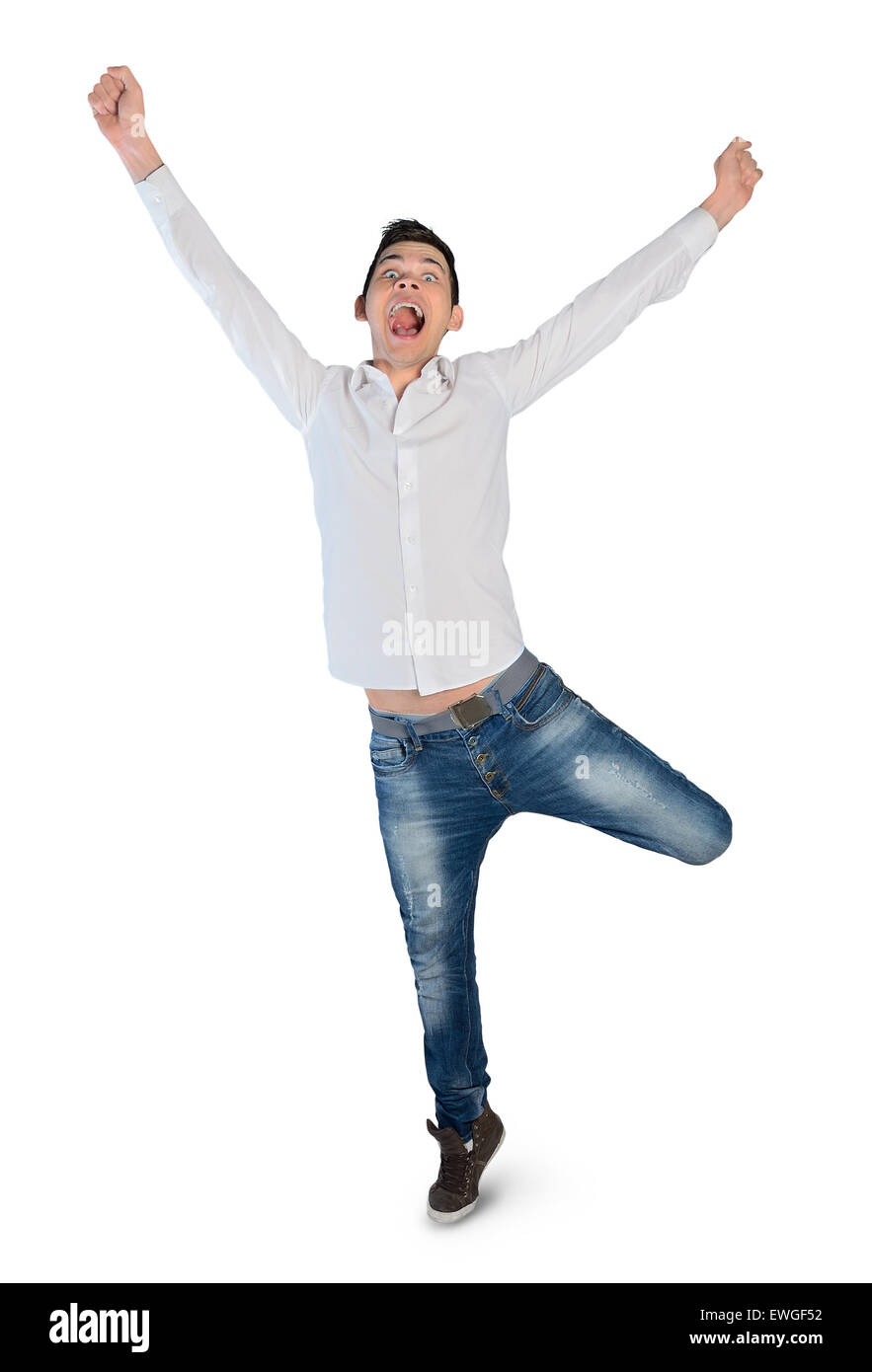 Isolated young man winner hands up Stock Photo - Alamy
