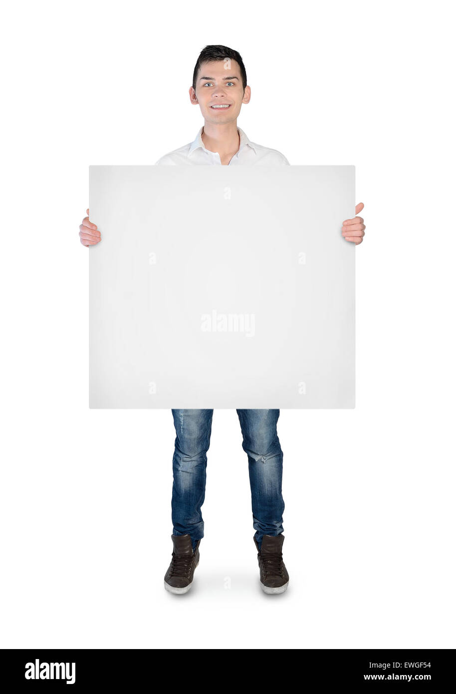 Isolated young man with empty board Stock Photo - Alamy