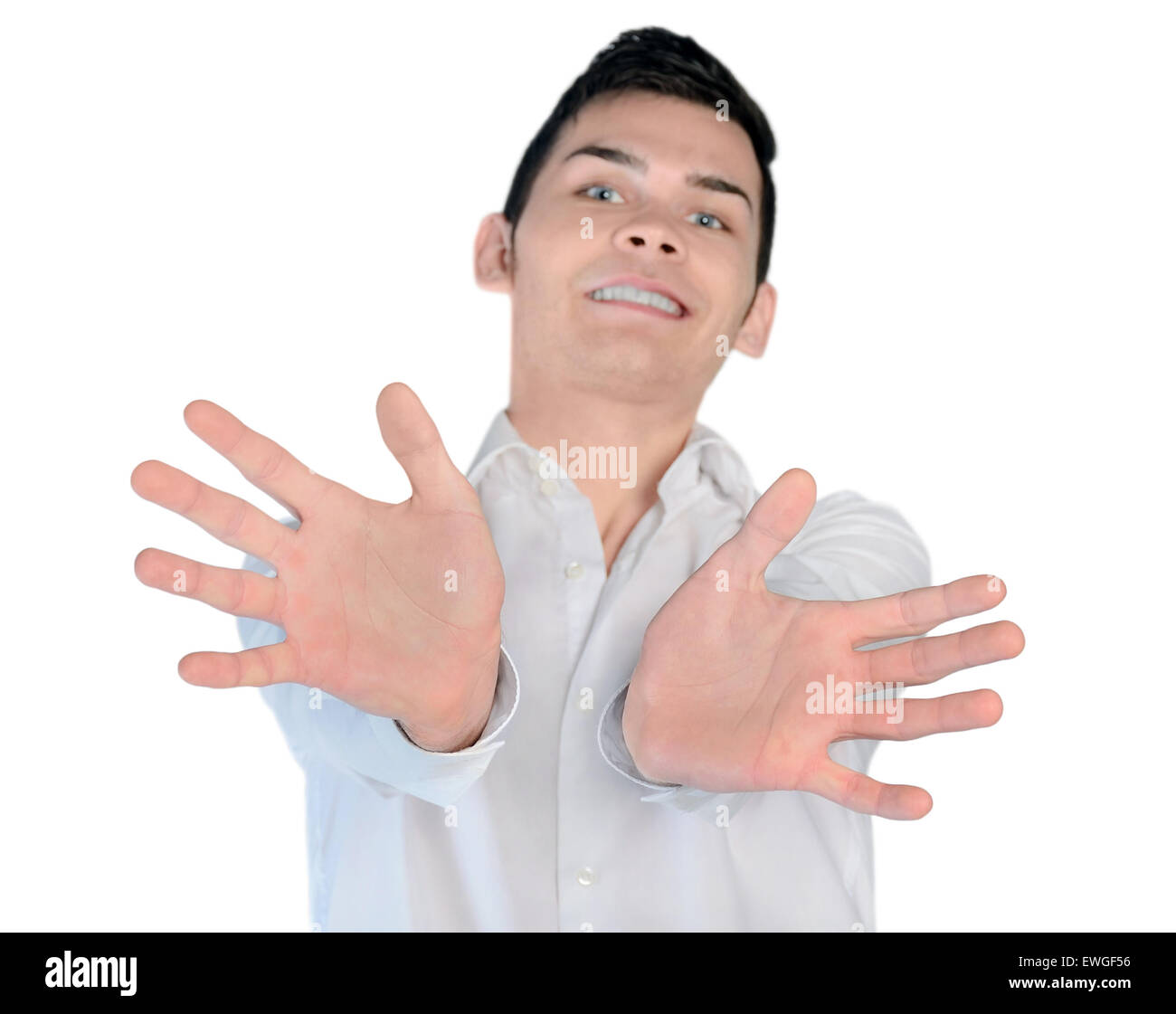 Isolated young man give something Stock Photo - Alamy