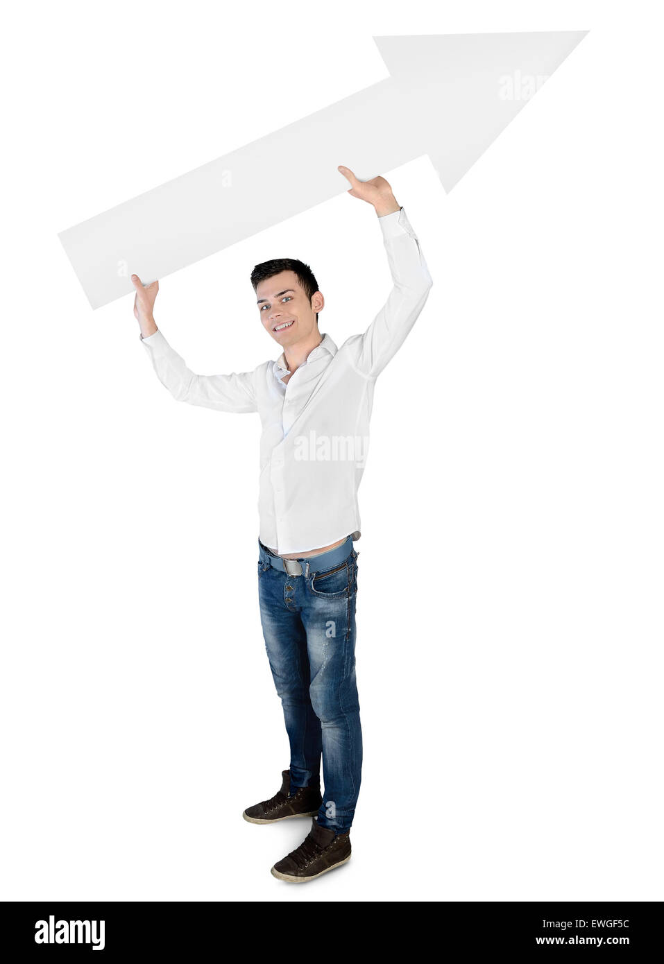 Isolated young man with empty arrow Stock Photo - Alamy