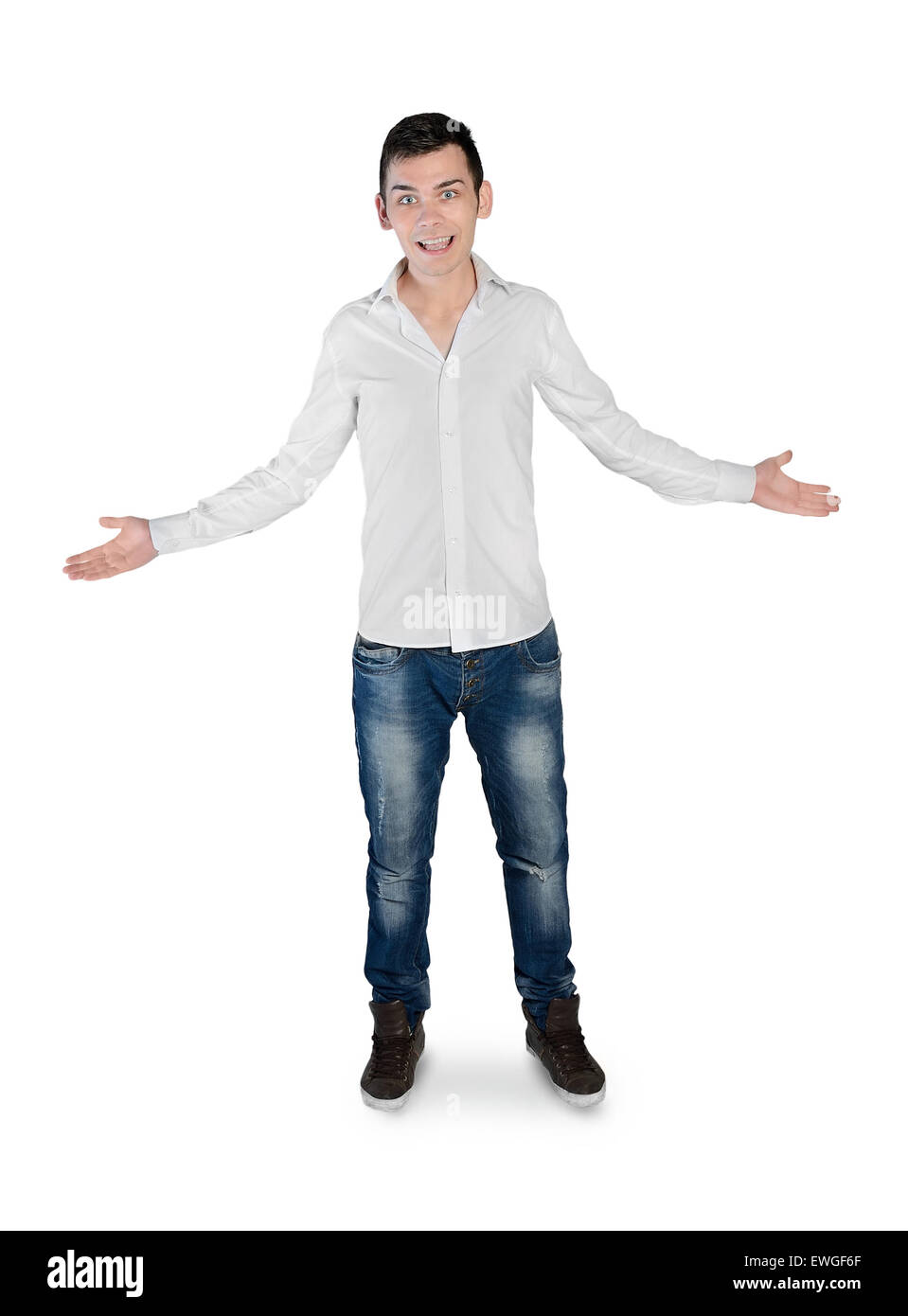 Isolated young man greeting hands up Stock Photo - Alamy