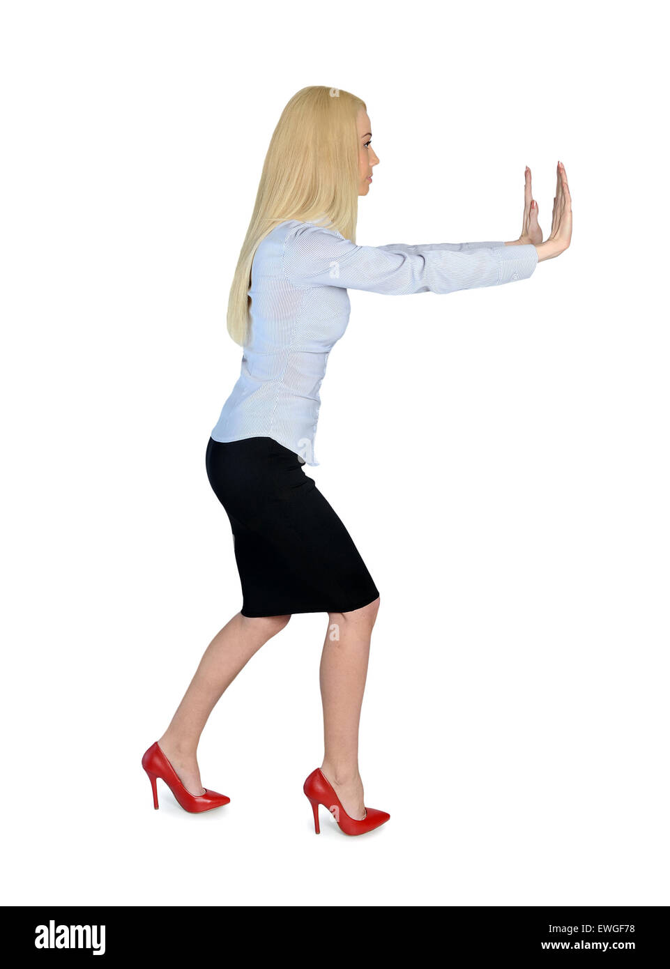 Isolated business woman push something Stock Photo - Alamy