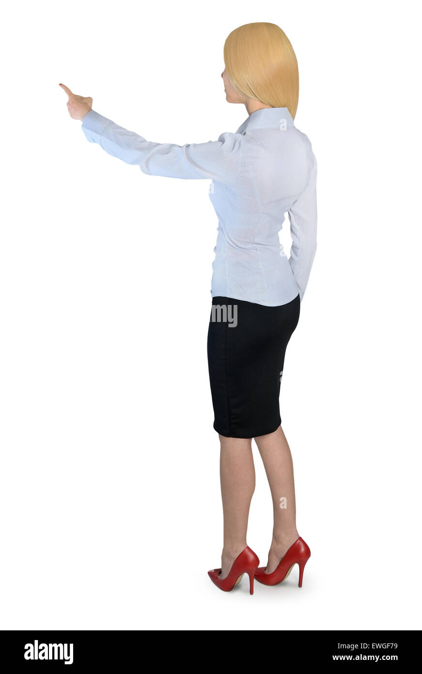 Isolated business woman pointing back Stock Photo - Alamy