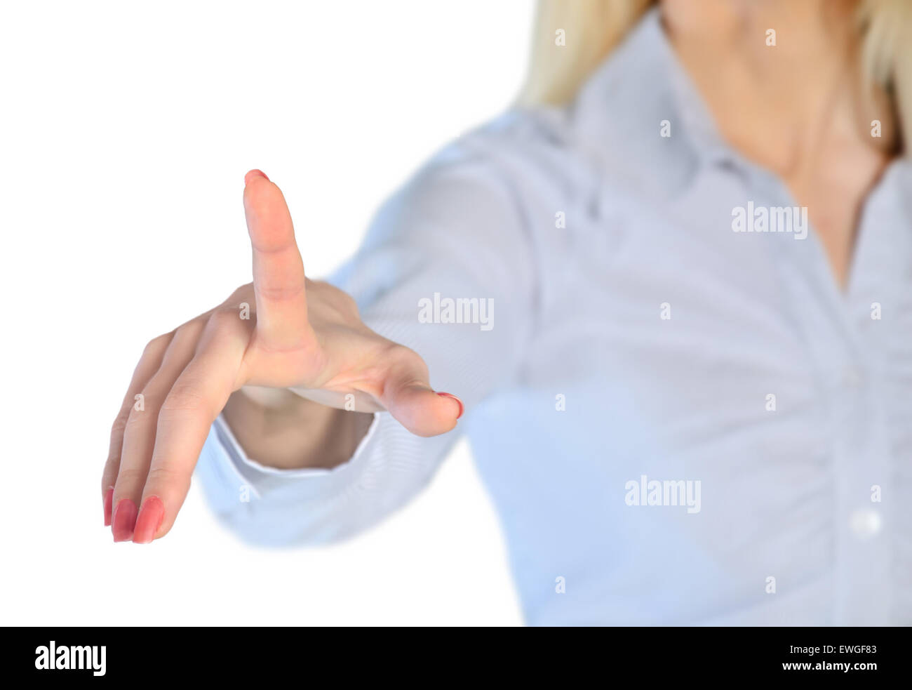 Isolated business woman pushing something Stock Photo - Alamy