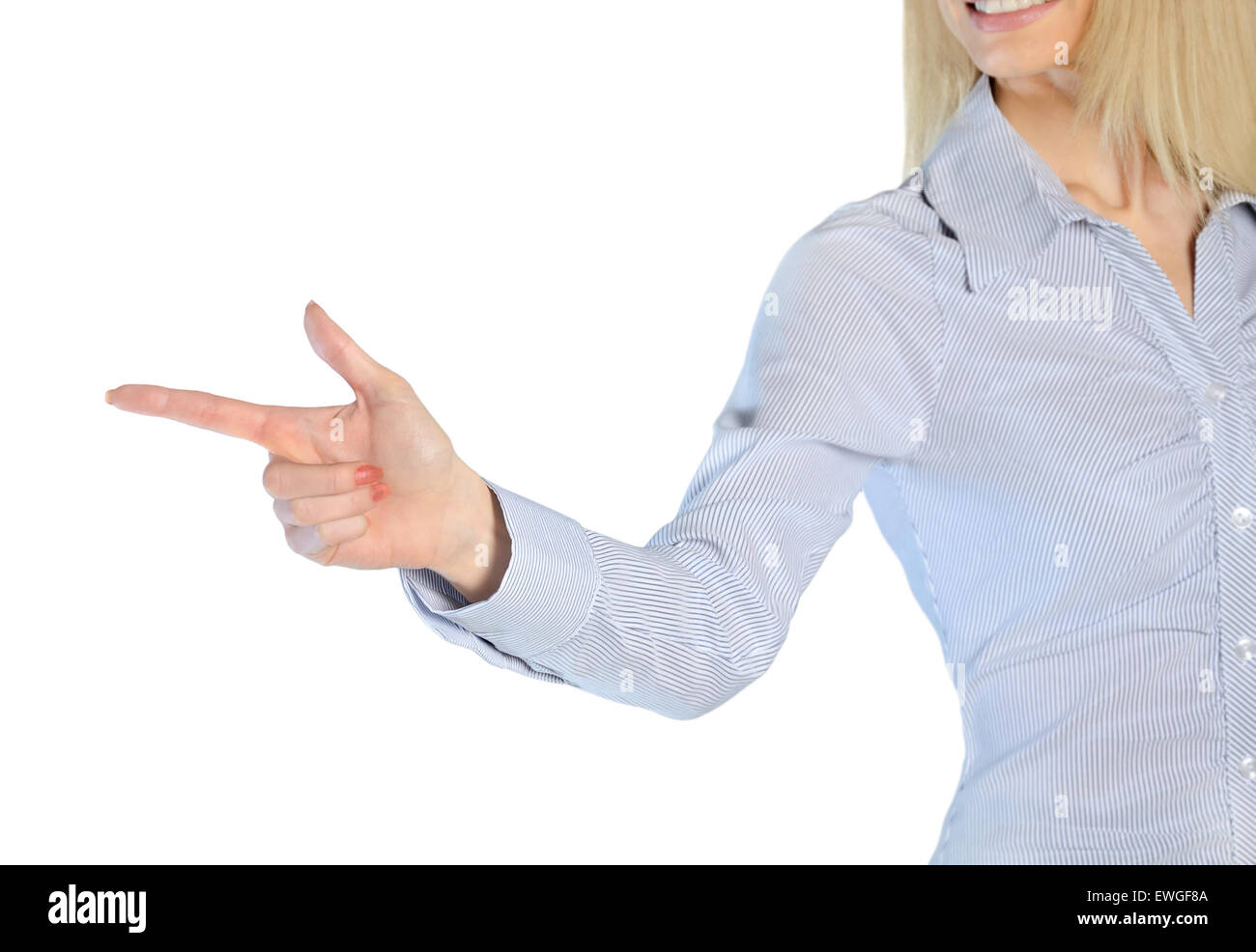 Isolated business woman pushing something Stock Photo - Alamy