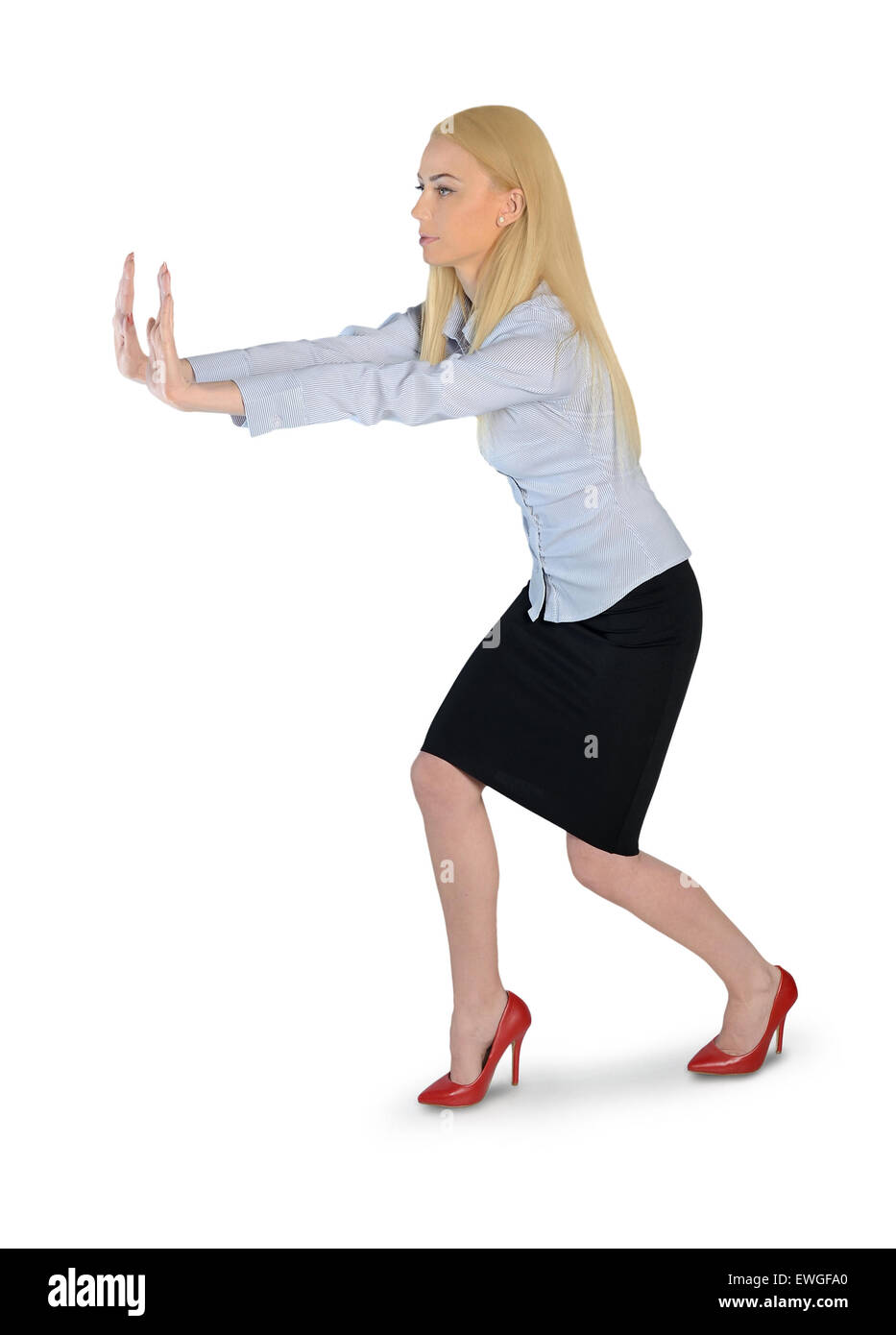 Isolated business woman push something Stock Photo - Alamy