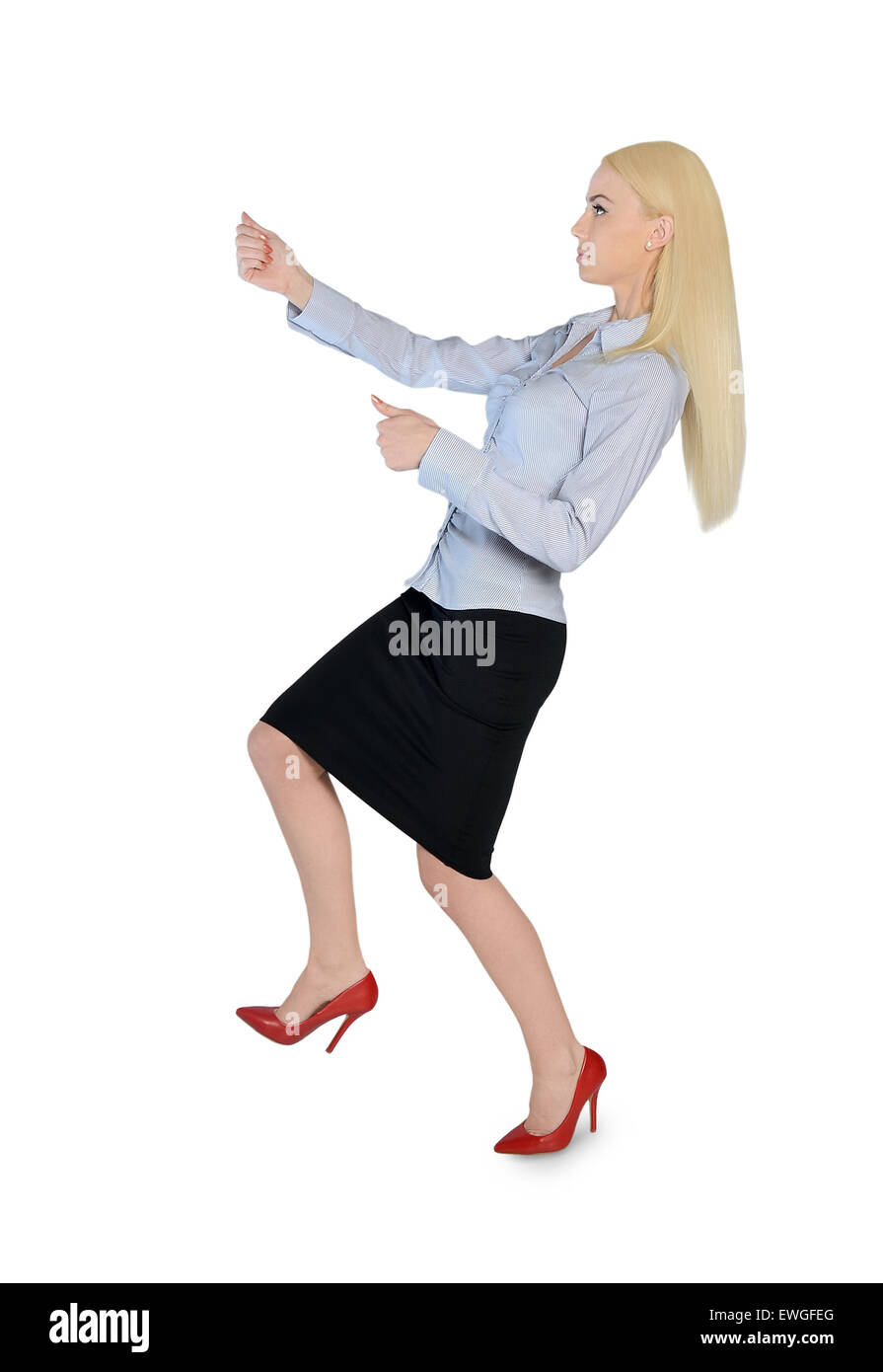 Isolated business woman pull something Stock Photo - Alamy