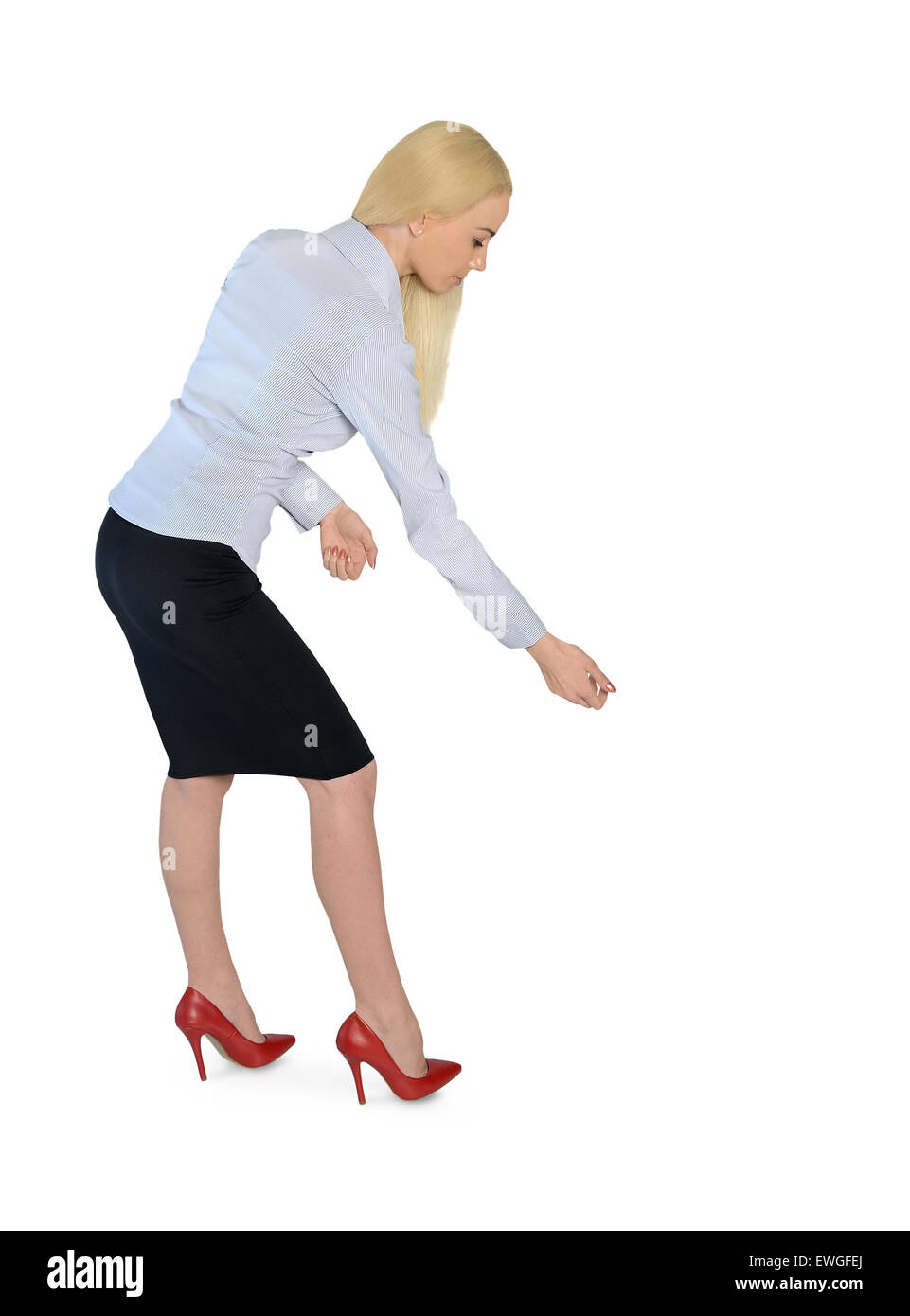 Isolated business woman pull something Stock Photo - Alamy