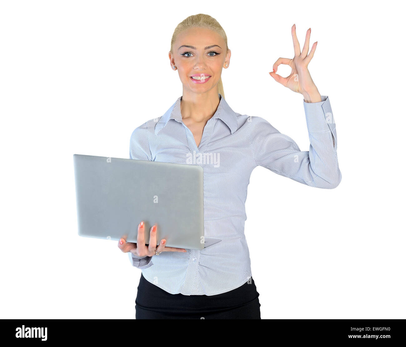 Isolated business woman showing ok Stock Photo - Alamy