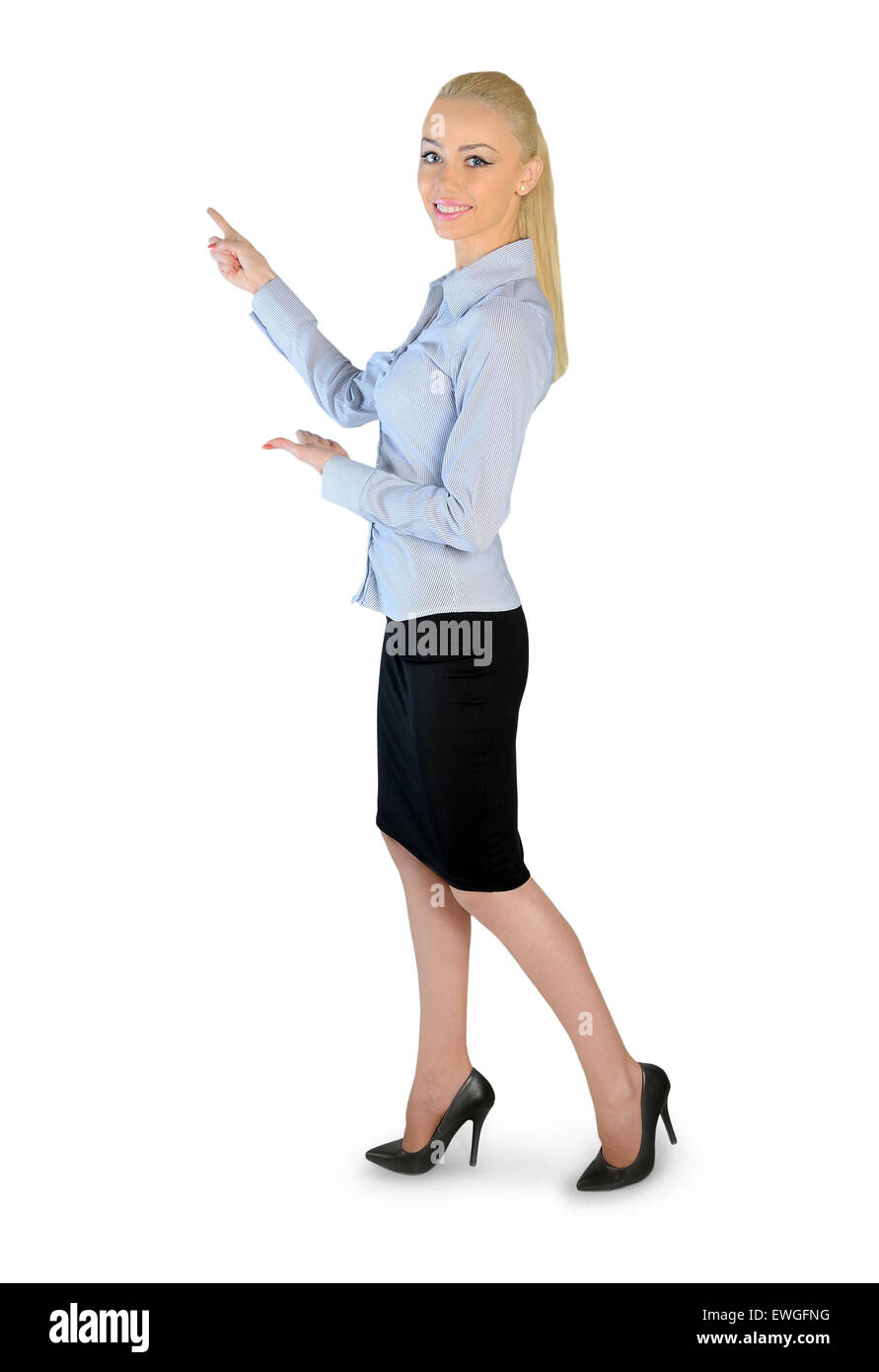 Isolated business woman presenting something Stock Photo - Alamy