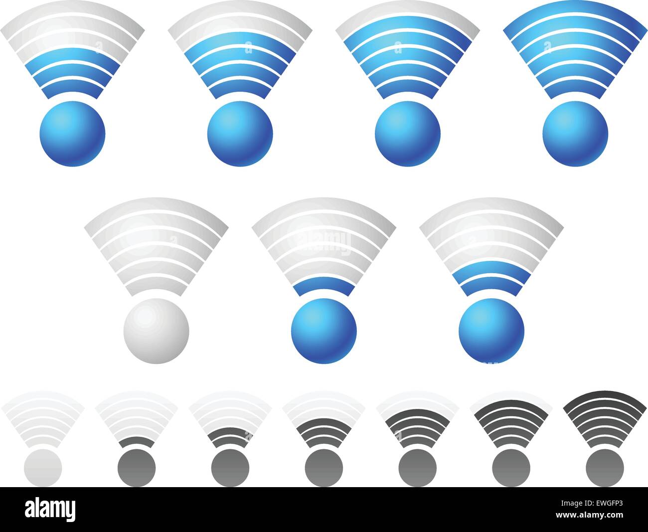 Bright blue wireless signal strength indicator set with grayscale ...