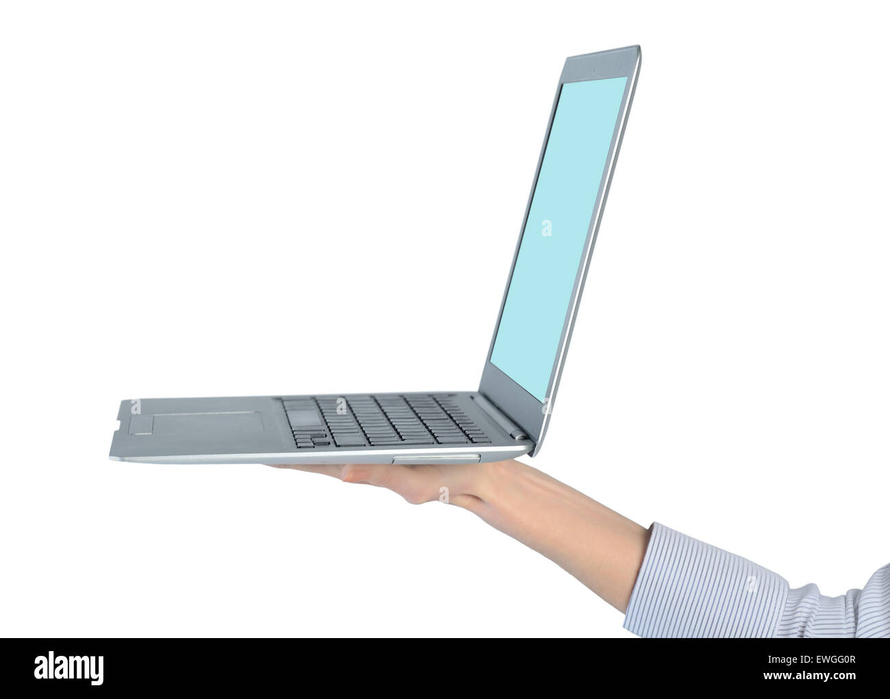 Woman hand holding empty screen laptop Stock Photo - Alamy