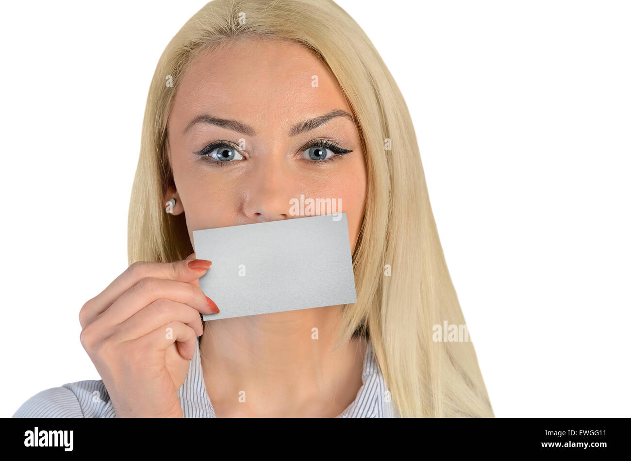 Isolated business woman cover lips with card Stock Photo - Alamy