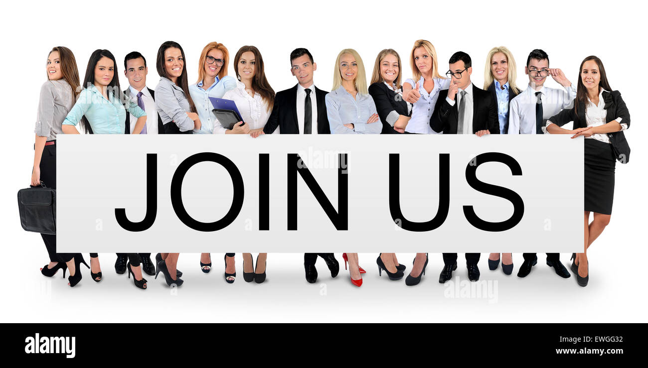Join us word writing on white banner Stock Photo - Alamy