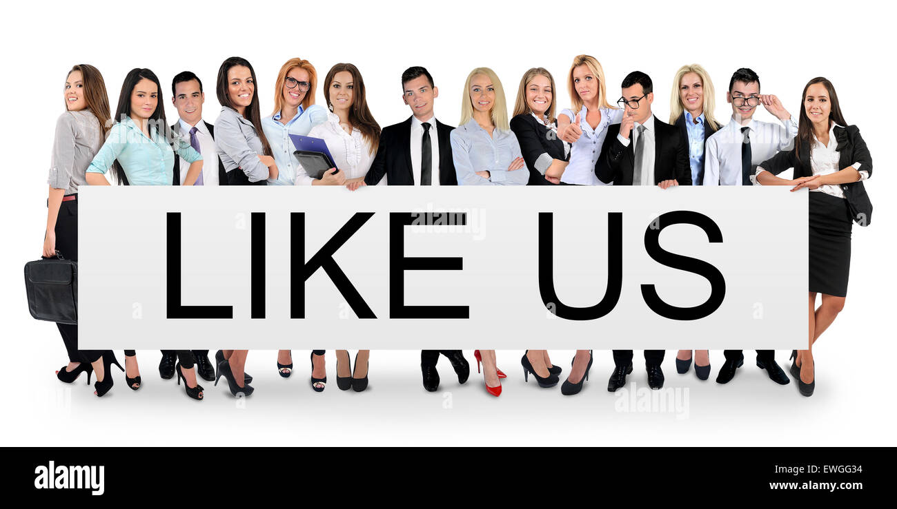 Like us word writing on white banner Stock Photo - Alamy