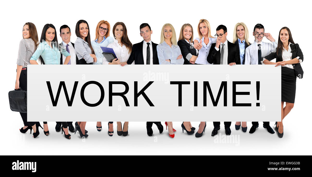 Work time word writing on white banner Stock Photo - Alamy