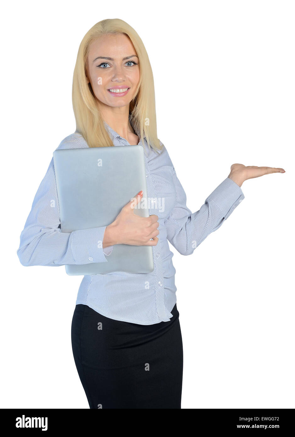 Isolated business woman presenting something Stock Photo - Alamy