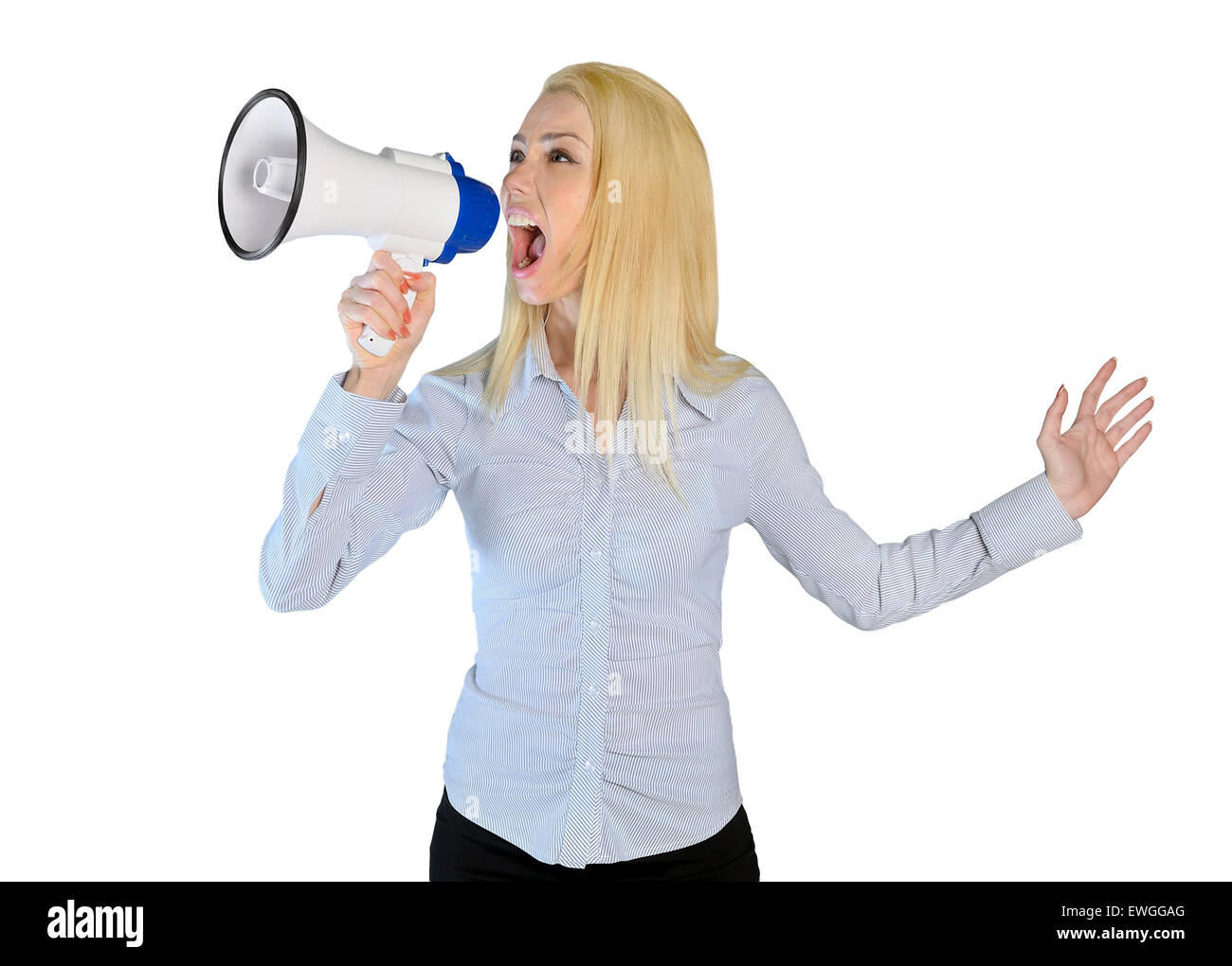 Isolated business woman with loudspeaker Stock Photo - Alamy