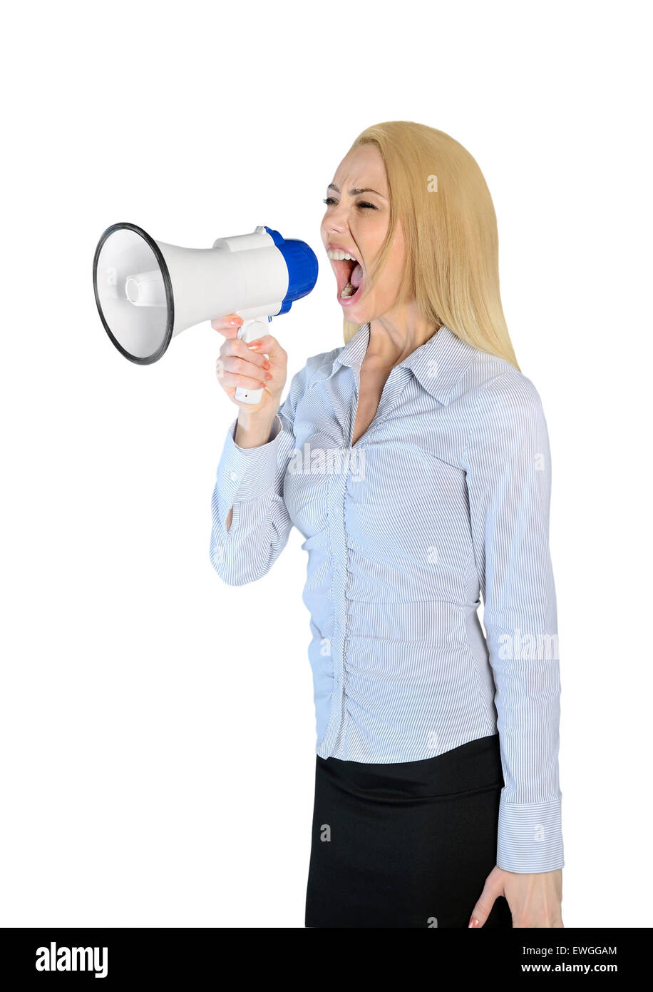 Isolated woman scream with loudspeaker Stock Photo - Alamy