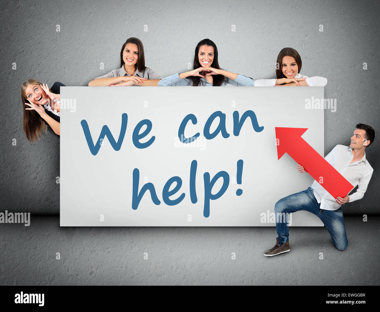 We can help word writing on white banner Stock Photo - Alamy