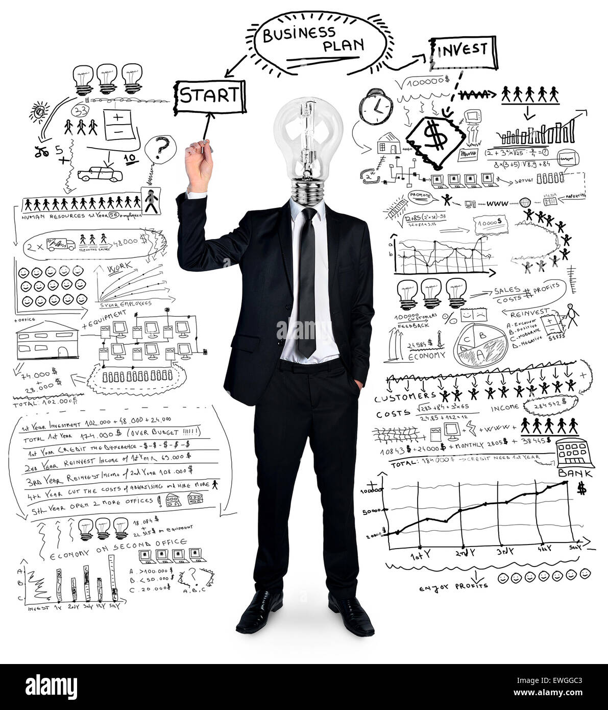Isolated bulb head man writing business plan Stock Photo - Alamy