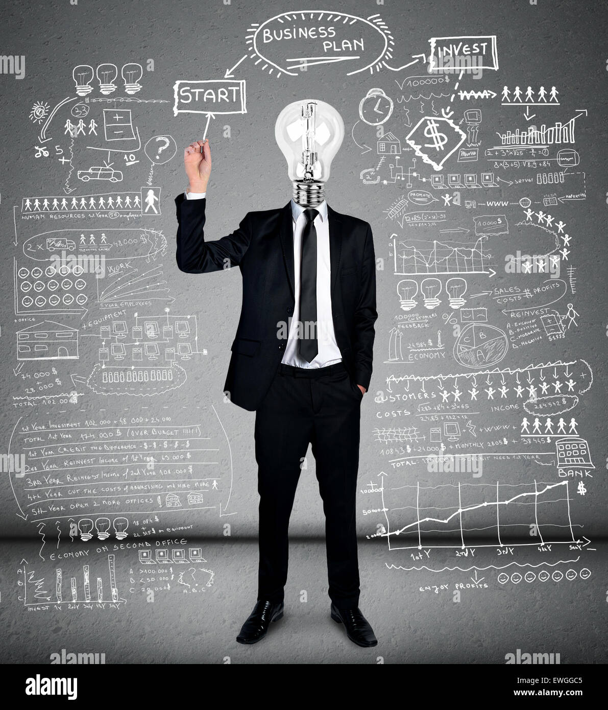 Bulb head man writing business plan Stock Photo - Alamy