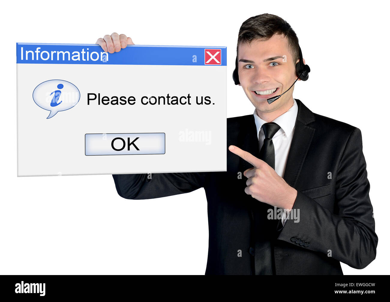 Call center man with contact us message Stock Photo - Alamy