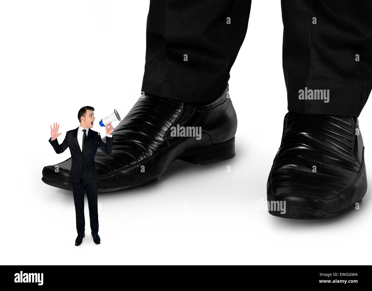 Isolated business man screaming on megaphone at boss Stock Photo - Alamy