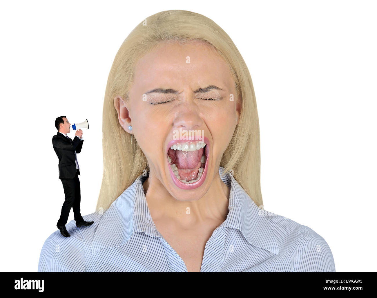 Isolated little business man screaming on stressed woman Stock Photo ...