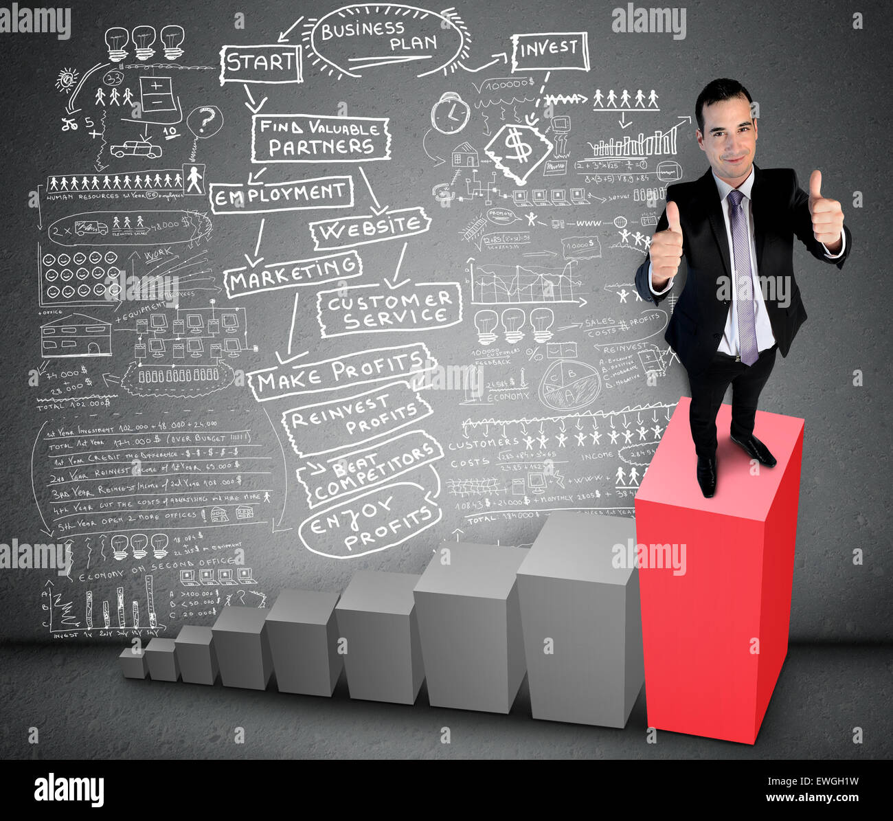 Business man showing ok sign on top of chart Stock Photo - Alamy