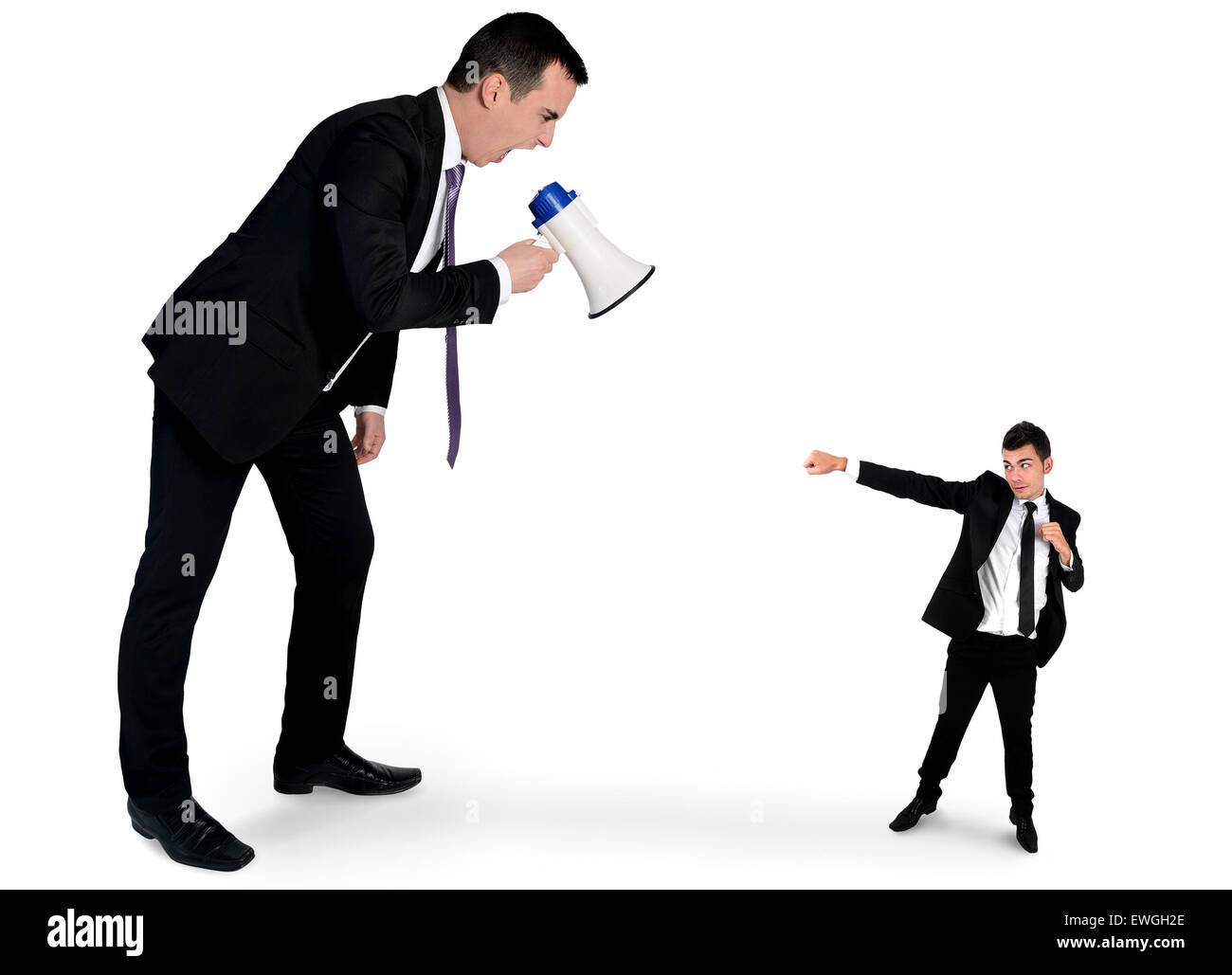 Business man screaming on megaphone on little man Stock Photo - Alamy