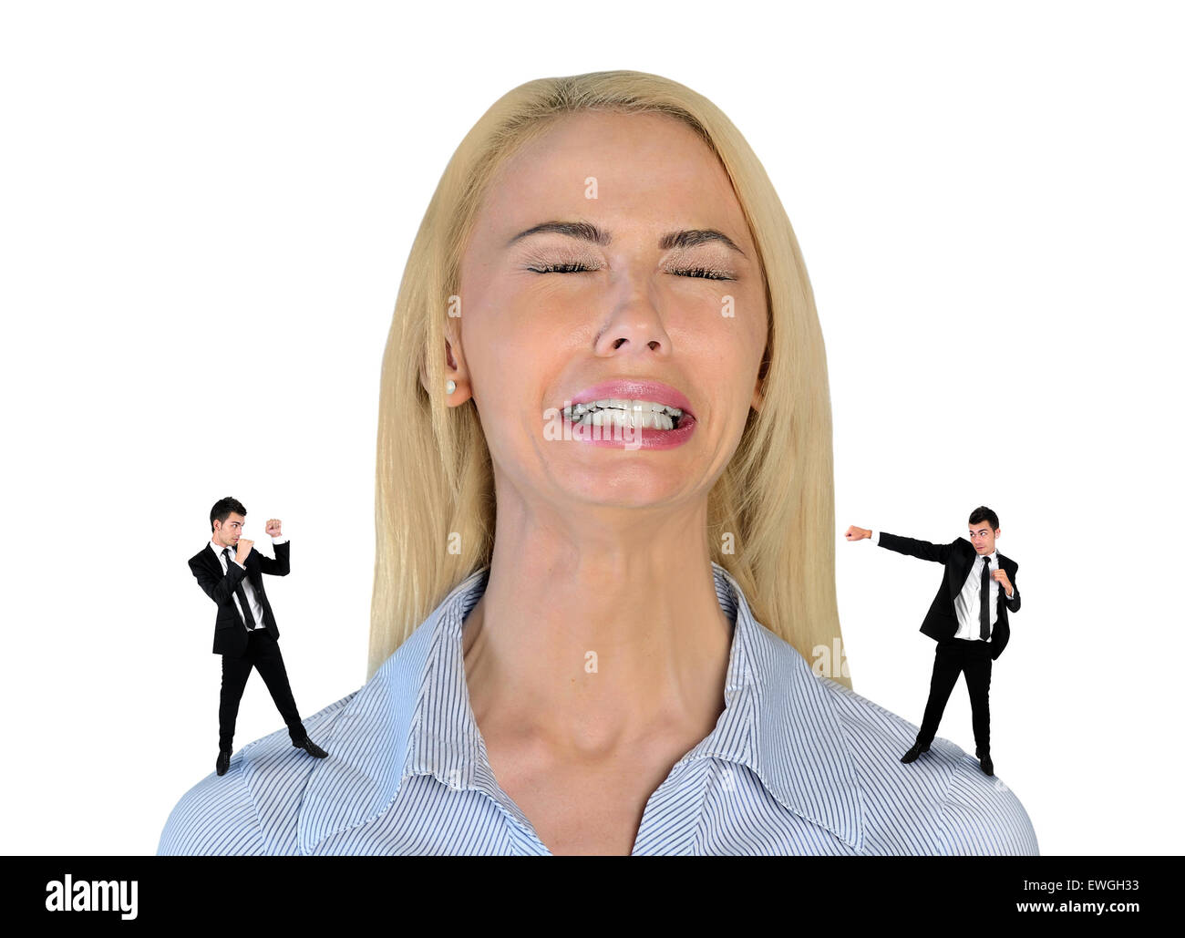 Isolated little business man screaming on stressed woman Stock Photo ...
