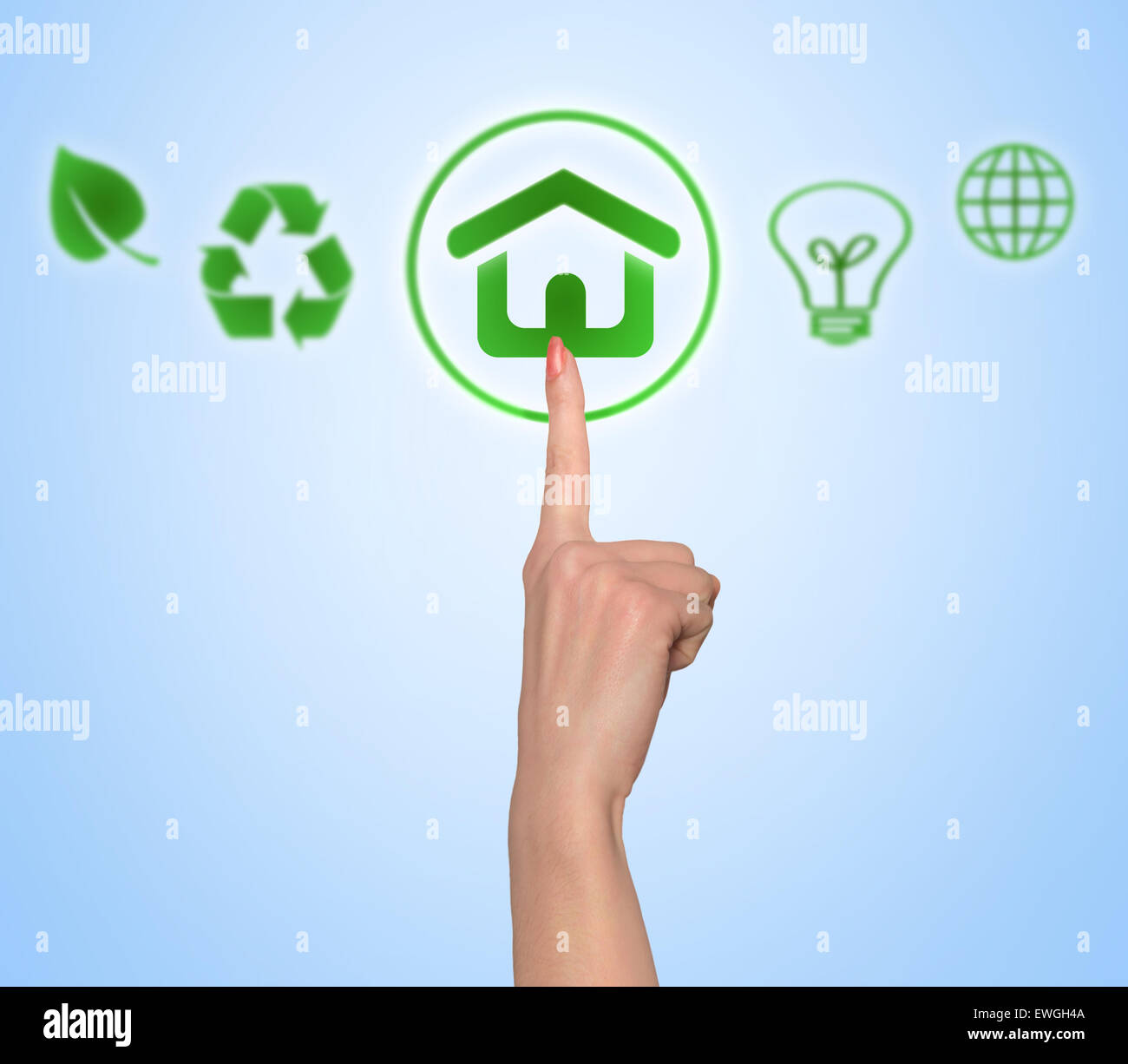 Woman hand push environmental green house button Stock Photo - Alamy