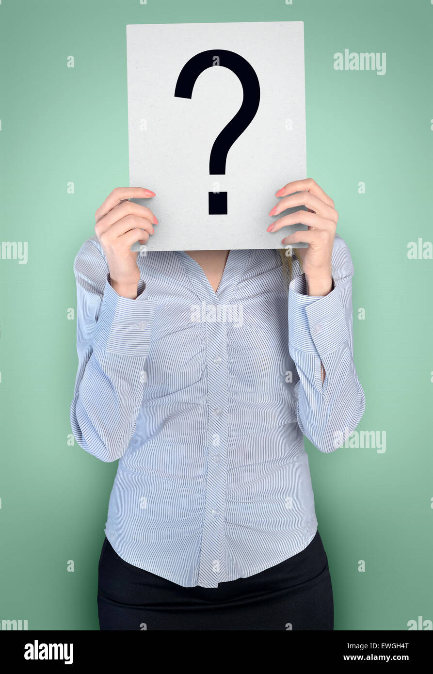 Business woman cover face with question board Stock Photo - Alamy