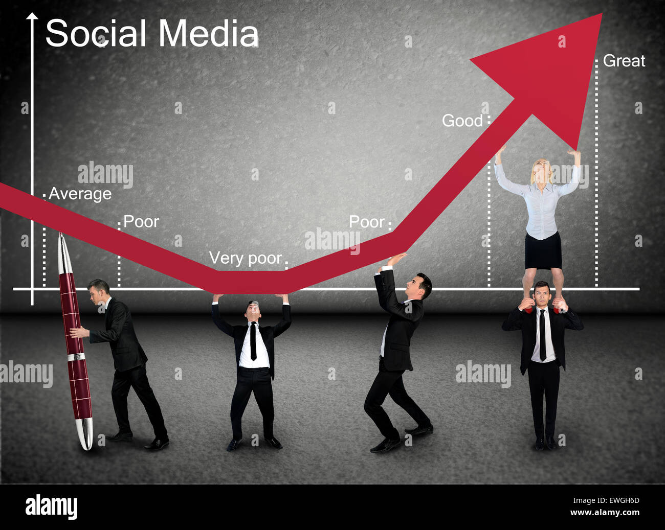 Business team push Social Media graphic arrow up Stock Photo - Alamy