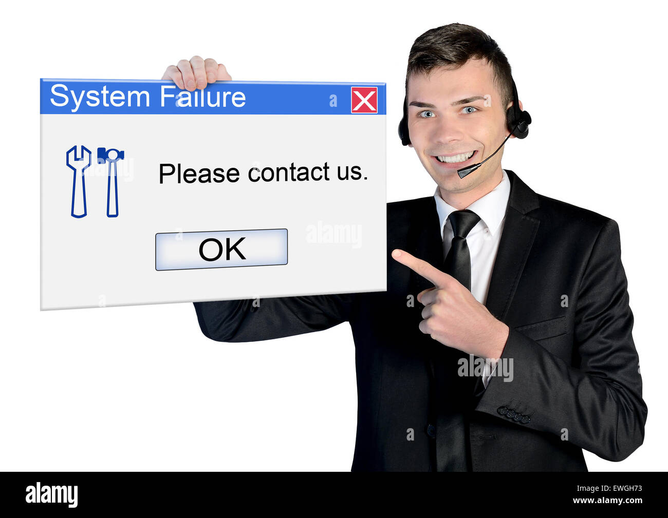 Call center man with system failure message Stock Photo - Alamy