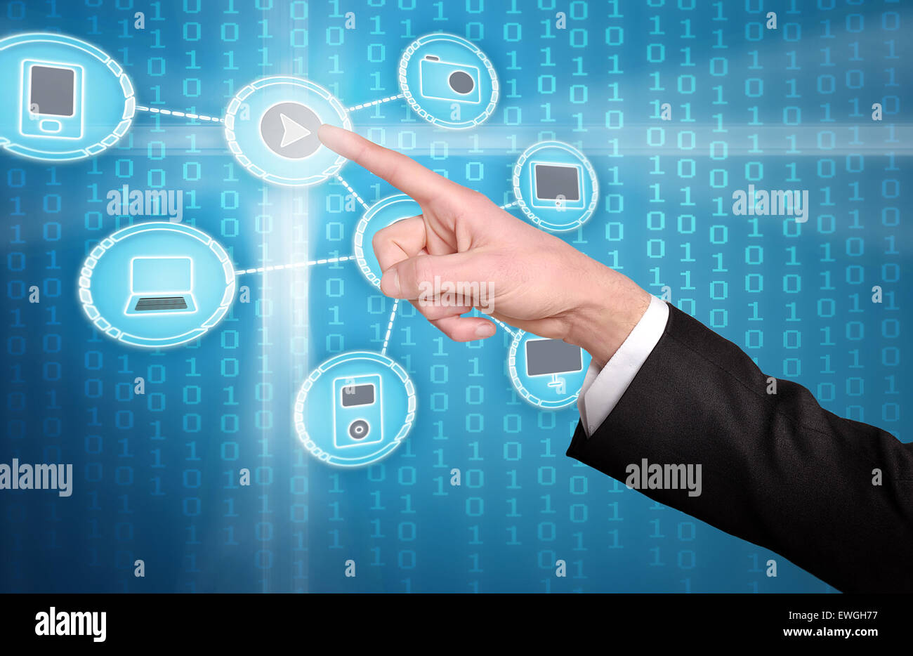Hand press play on media buttons connection Stock Photo - Alamy