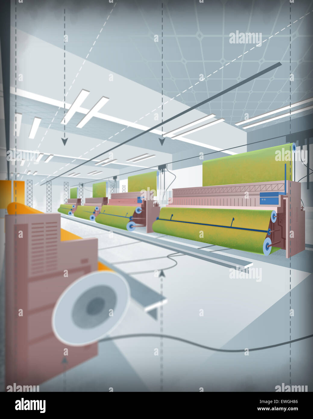 Row of textile looms weaving cotton yarn in a textile mill Stock Photo ...