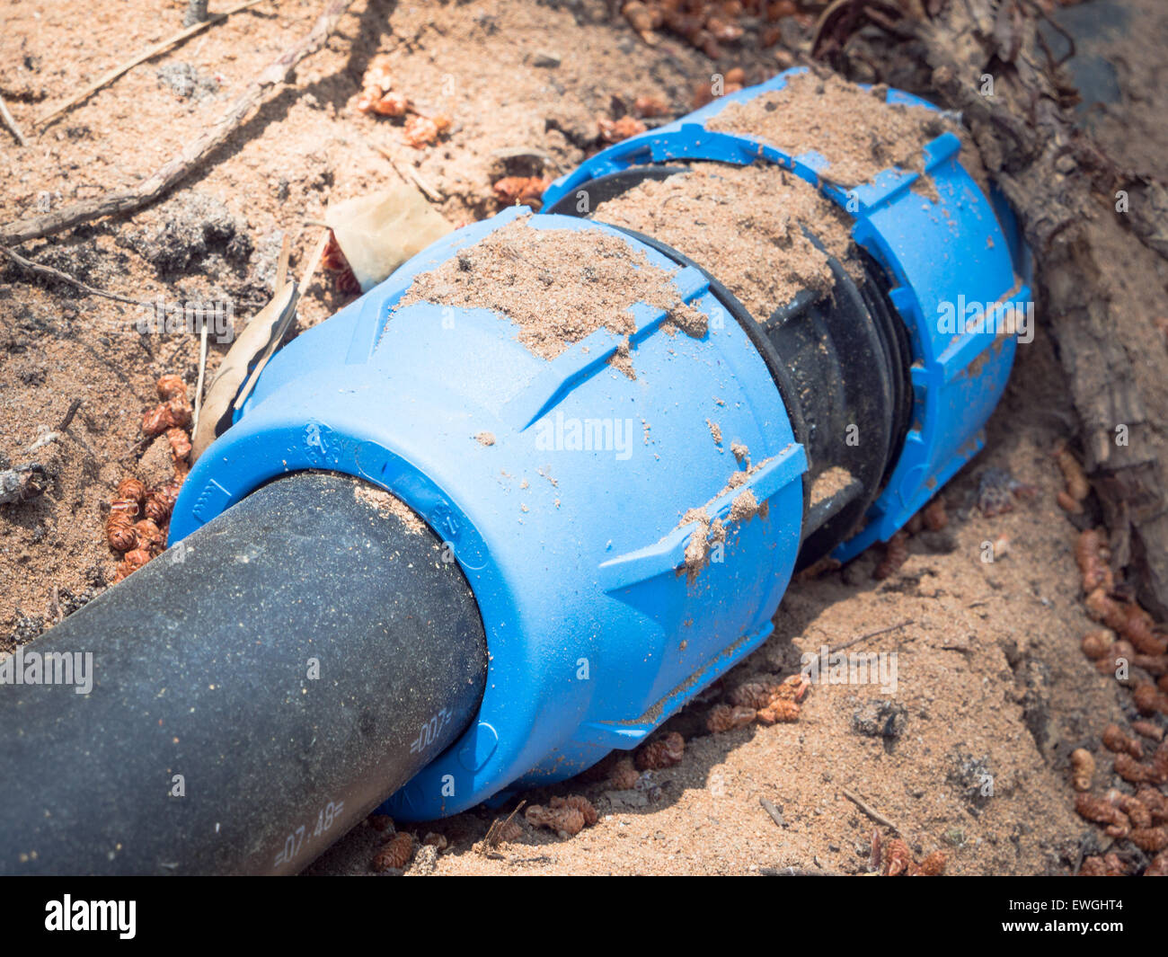 blue tube junction. Bury Tube for water transport Stock Photo - Alamy