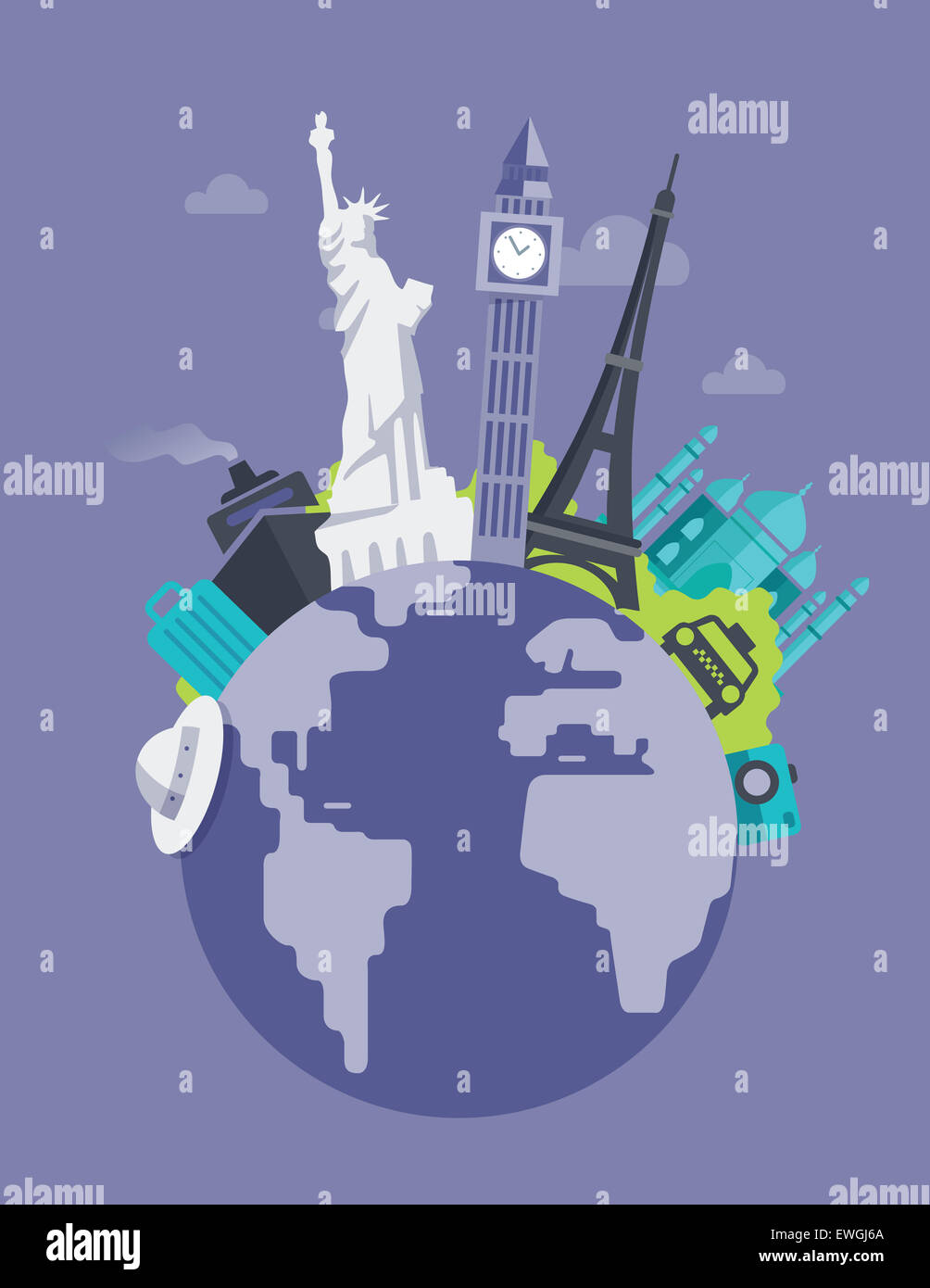 Illustrative image of different country landmarks representing on globe ...