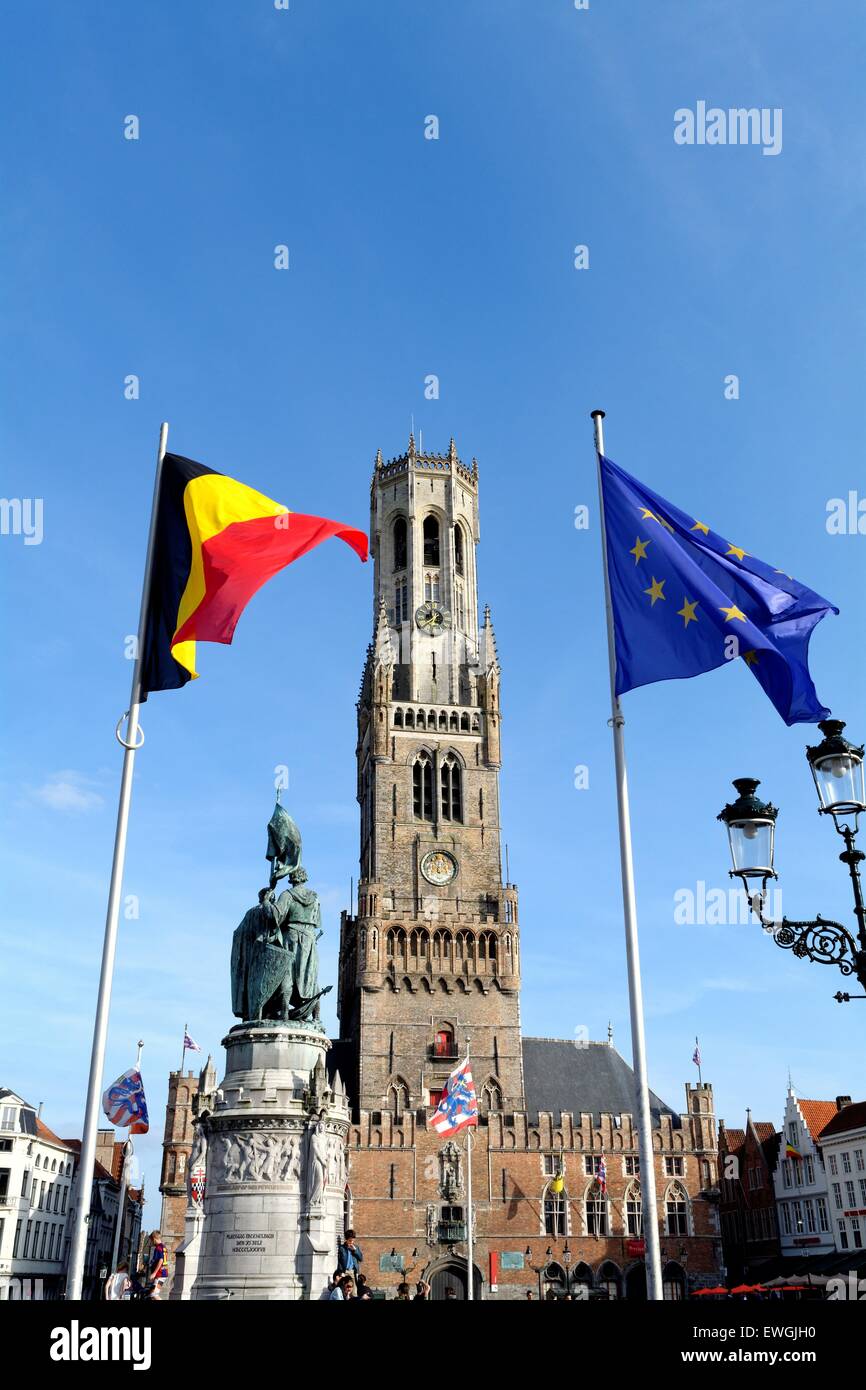 Market place and Belfort bell tower in Bruge city centre Stock Photo ...