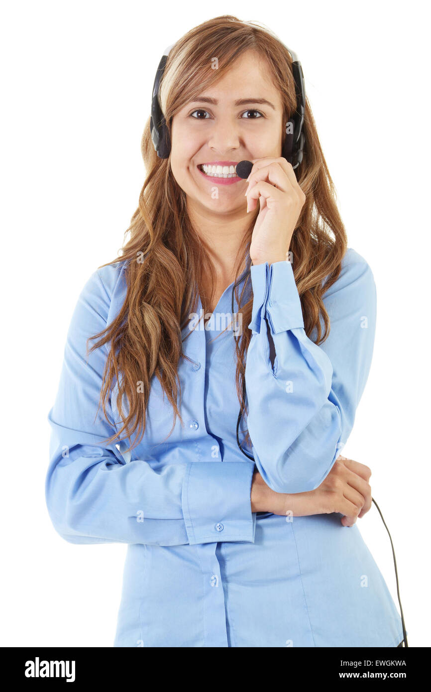 Stock image of female call center operator over white background Stock ...