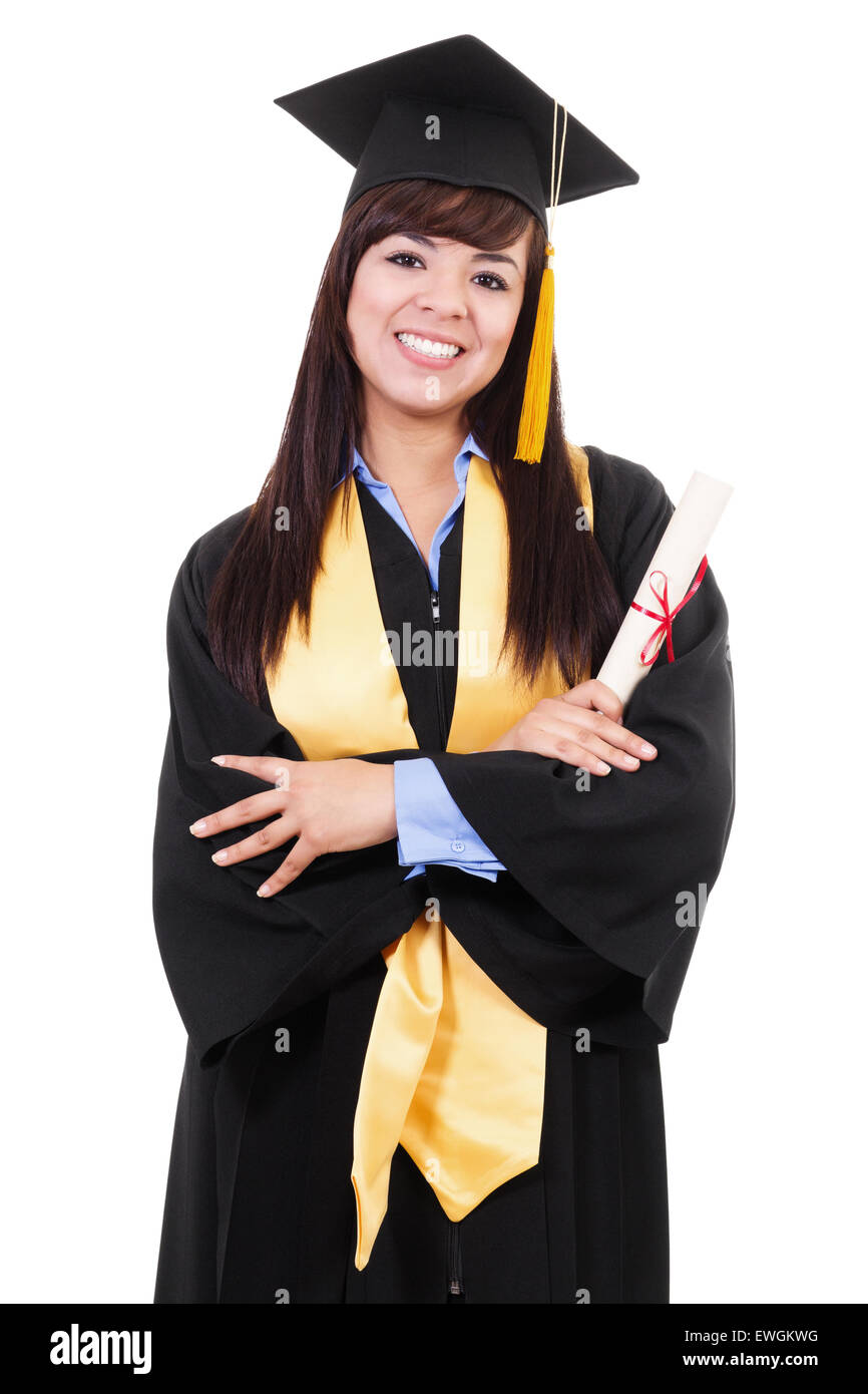 Stock image of female college graduate isolated on white background ...