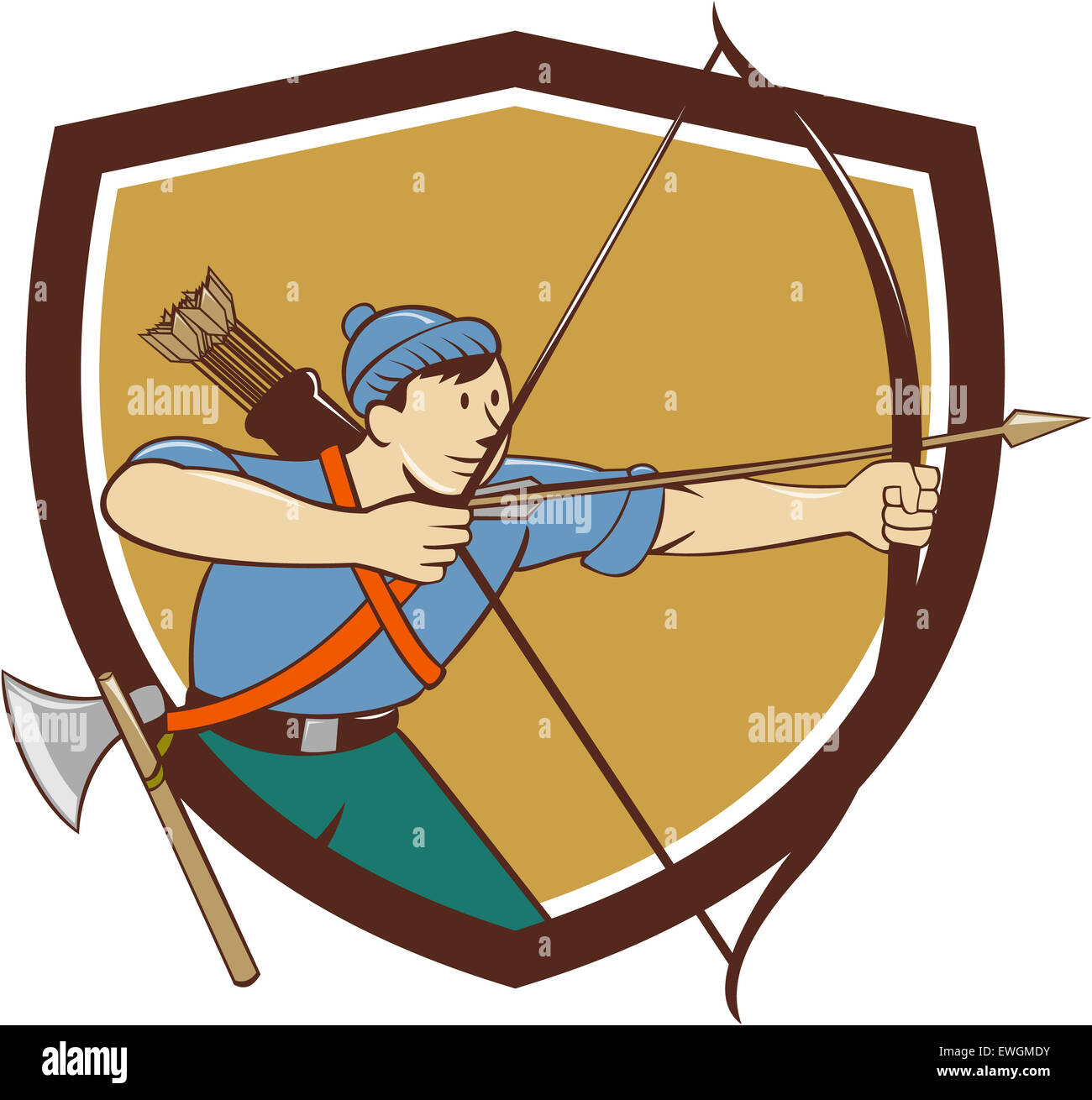 Illustration of an archer aiming with long bow and arrow viewed from ...