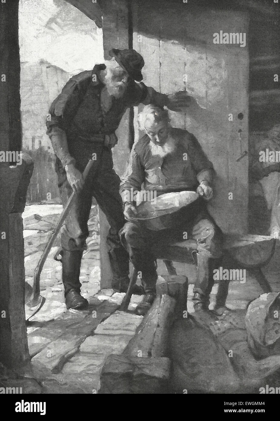 Two old time miners panning for gold, Alaska, circa 1916 Stock Photo ...