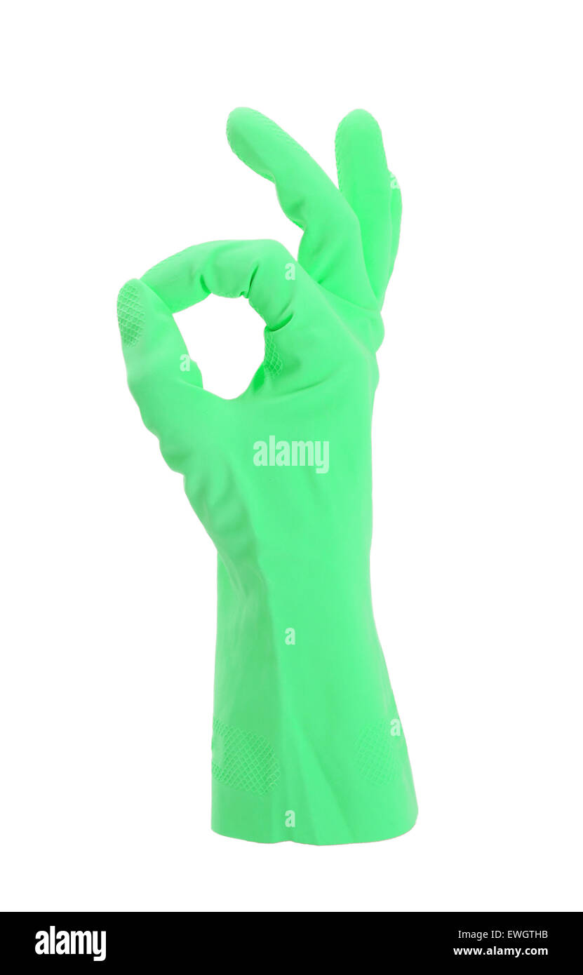Hand gesturing with green cleaning product glove - isolated on white ...