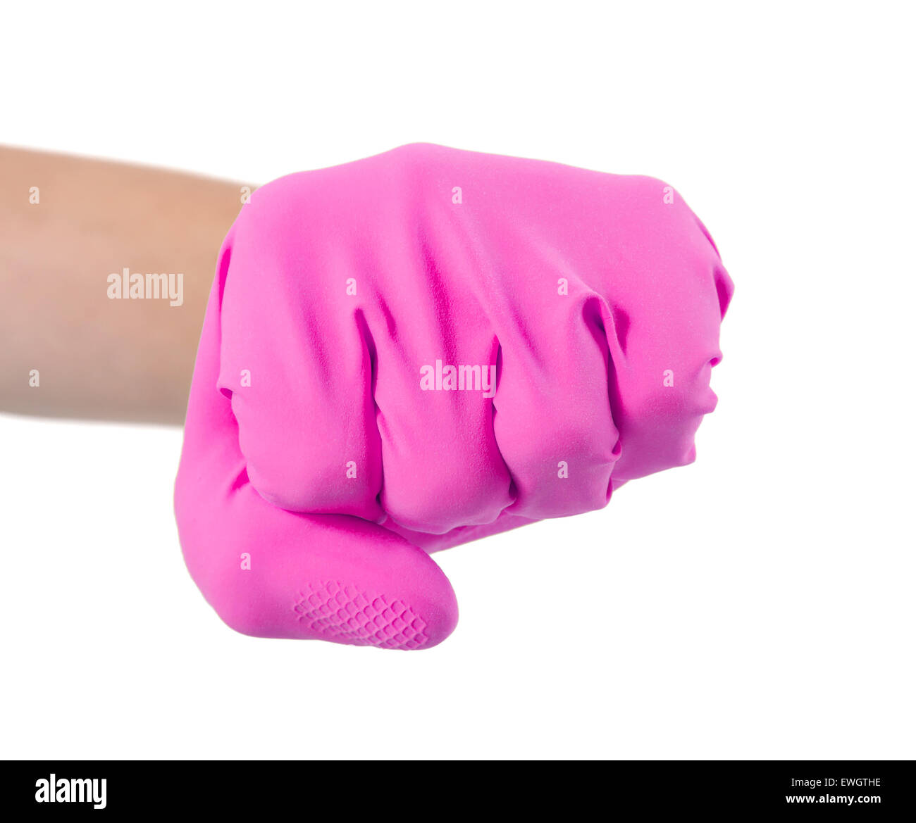Hand in a rubber glove gesturing fist isolated on white background ...