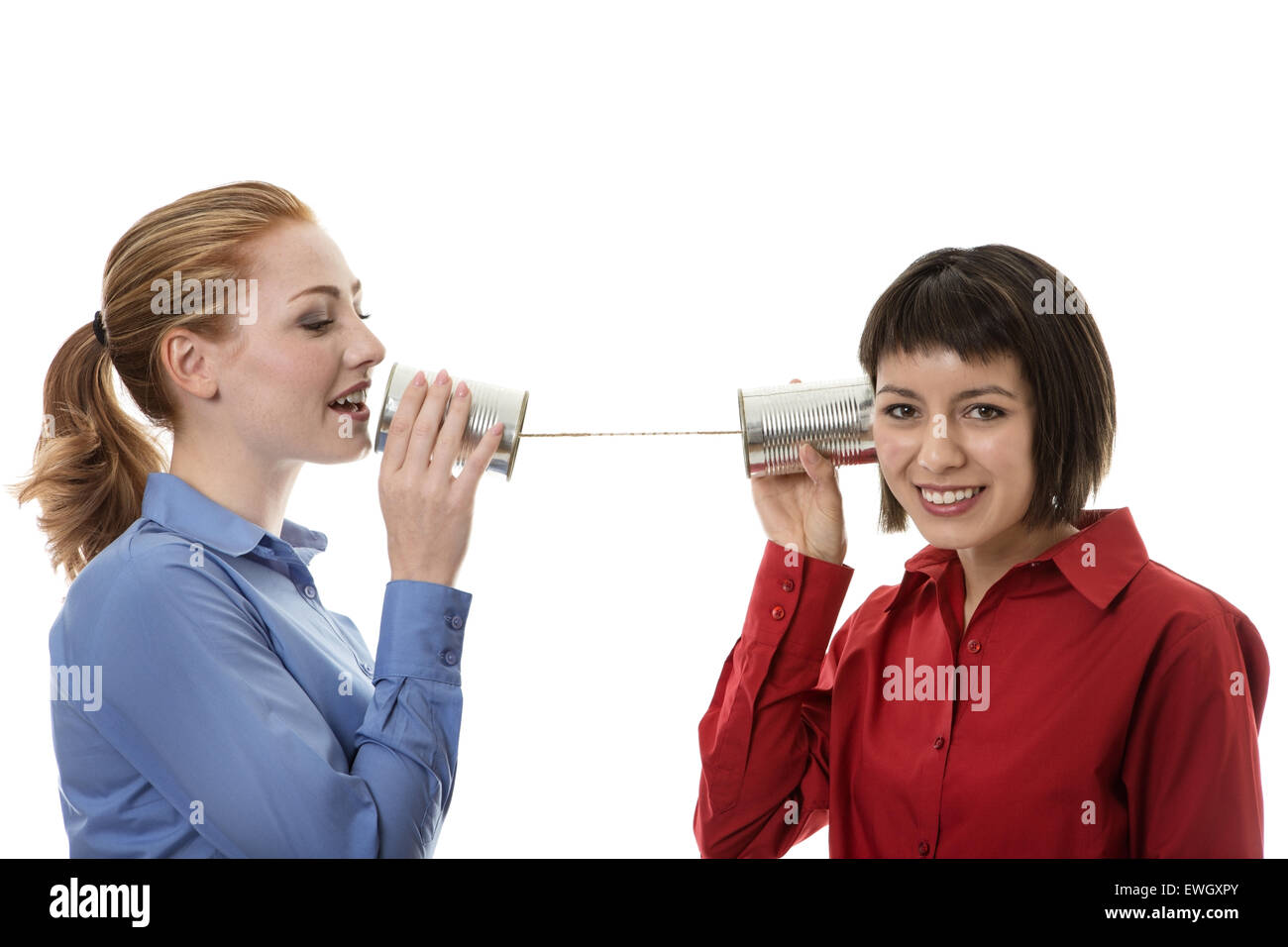 two business people using tin cans to communicate with each other Stock ...